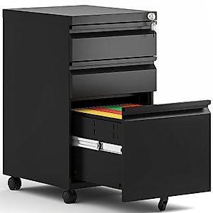 BIZOEIRON 3 Drawer Mobile File Cabinet,Under Desk Metal Filing Cabinet with Lock and Wheels for Letter/Legal/A4 Size(Black)