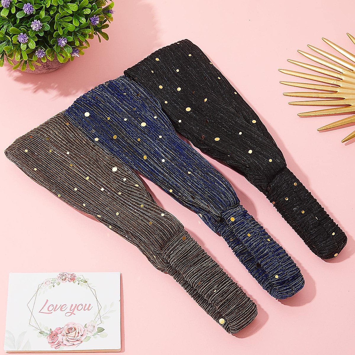 6 Pcs Boho Bling Sequin Headbands - Wide Stretchy African Head Wraps, Elastic Turban Headbands for Women, Yoga, Running & Sports