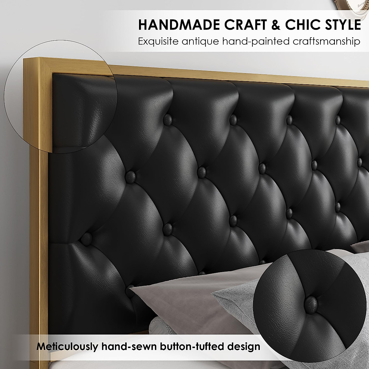 HIFIT King Upholstered Bed Frame with 4 Storage Drawers and Handmade Button Tufted Headboard, Modern PU Leather King Platform Storage Bed with Solid Wooden Slats, No Box Spring Needed, Golden & Black