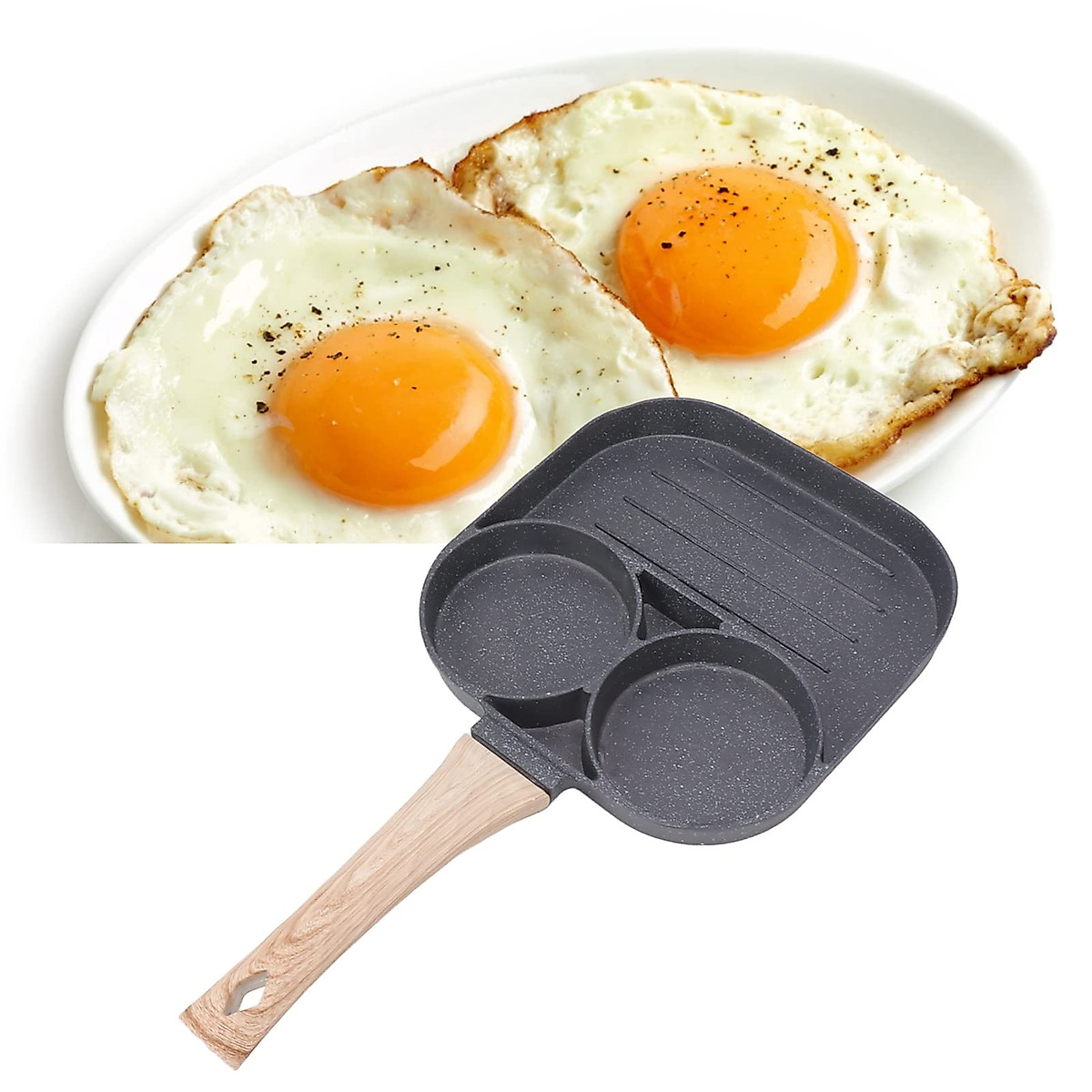 Breakfast Cooking Pan Egg Frying 2 Round Cup 3 Section Stick Proof With Wooden Handle For Induction Gas Stove Home