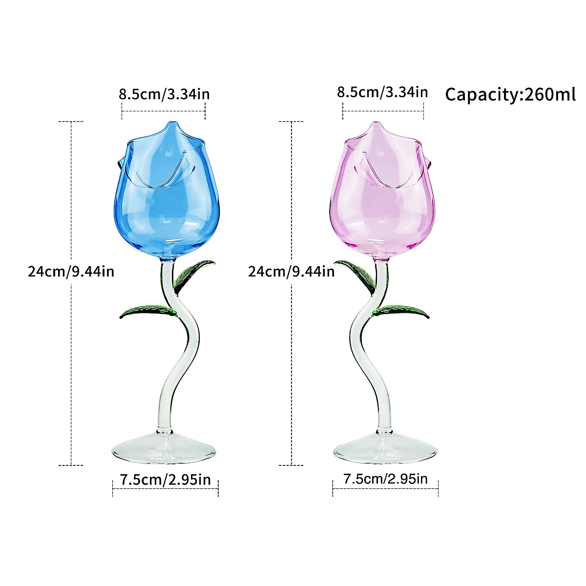 2pcs Rose Wine Glass, Creative Red Wine Glass, Rose Flower Goblet, Wine Cocktail Juice Glass for Party Dinner Wedding Festival Kitchen Bar Celebration (260ml, Blue and Pink)