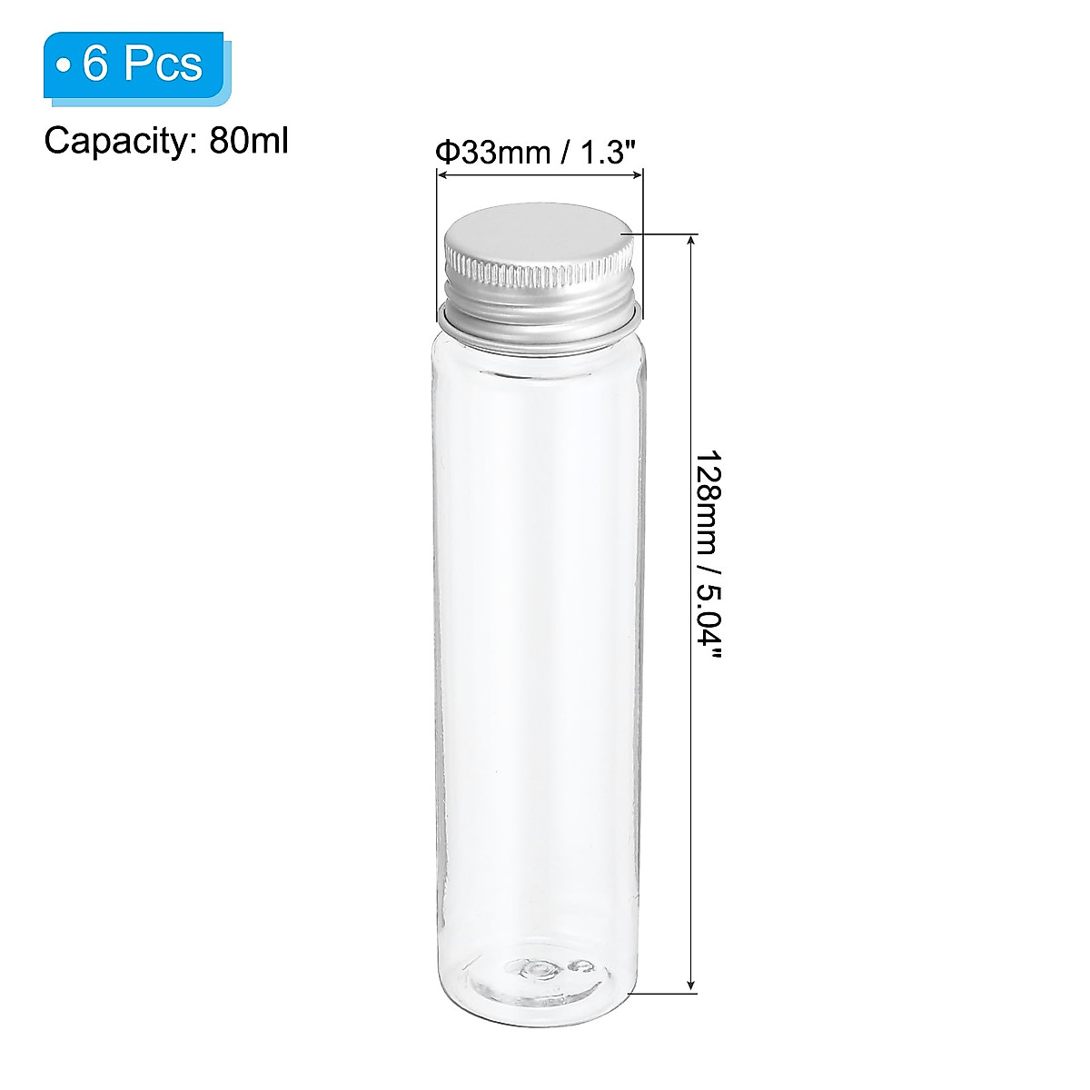 PATIKIL 80ml Plastic Test Tubes with Screw Caps, 6Pcs 128x33mm Flat Bottom Tubes for Scientific Party Decoration Candy Bead Storage Bath Salt, Silver Tone