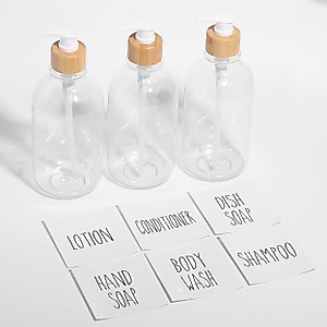 Shampoo and Conditioner Dispenser-Set of 3-16 oz Reusable Pump Bottle Dispenser for Bathroom with 6 Waterproof Stickers - Empty Plastic Refillable Containers for Shower (Clear)