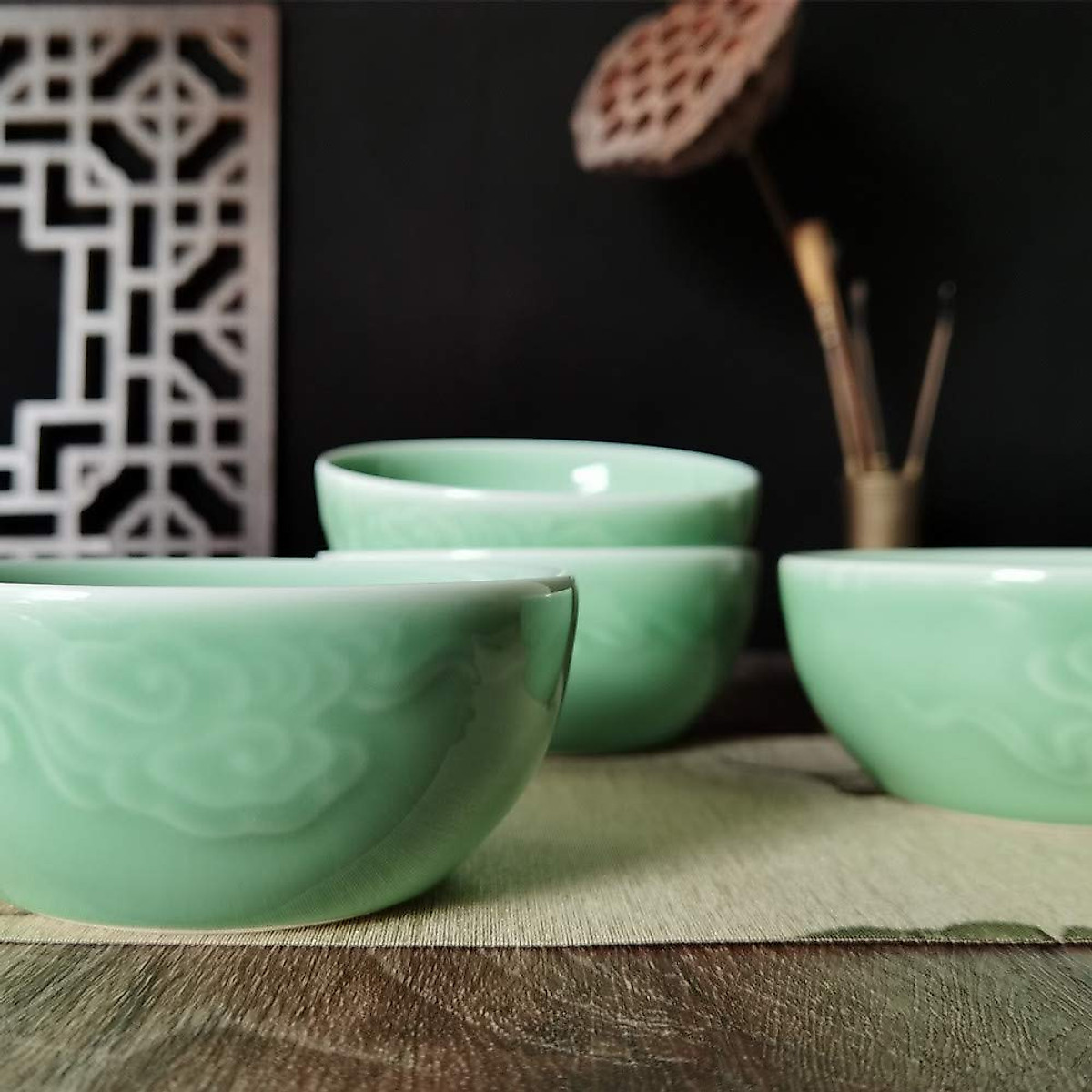 Chinese Rice Bowls 10-Ounce 4.5 inch Celadon Glazed Cereal Bowl Embossed with Auspicious Clouds Porcelain(Set of 4) (Green02)