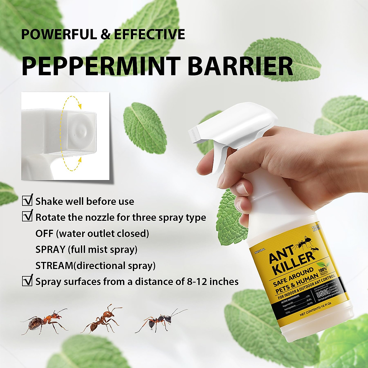 BugBai Peppermint Oil Ant Killer & Repellent Spray Outdoor, 16OZ Natural Ant Spray Indoor Home Kitchen Safe for Pets and Kids, Powerful Carpenter Ant Killer to Kill & Get Rid of Ants Permanently