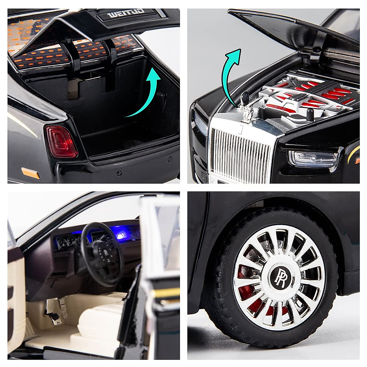 WAKAKAC 1/20 Phantom Model Car Alloy Diecast Collectible Pull Back Toy Car Classic Double Door Model Vehicle Logo Can Be Folded(Black)