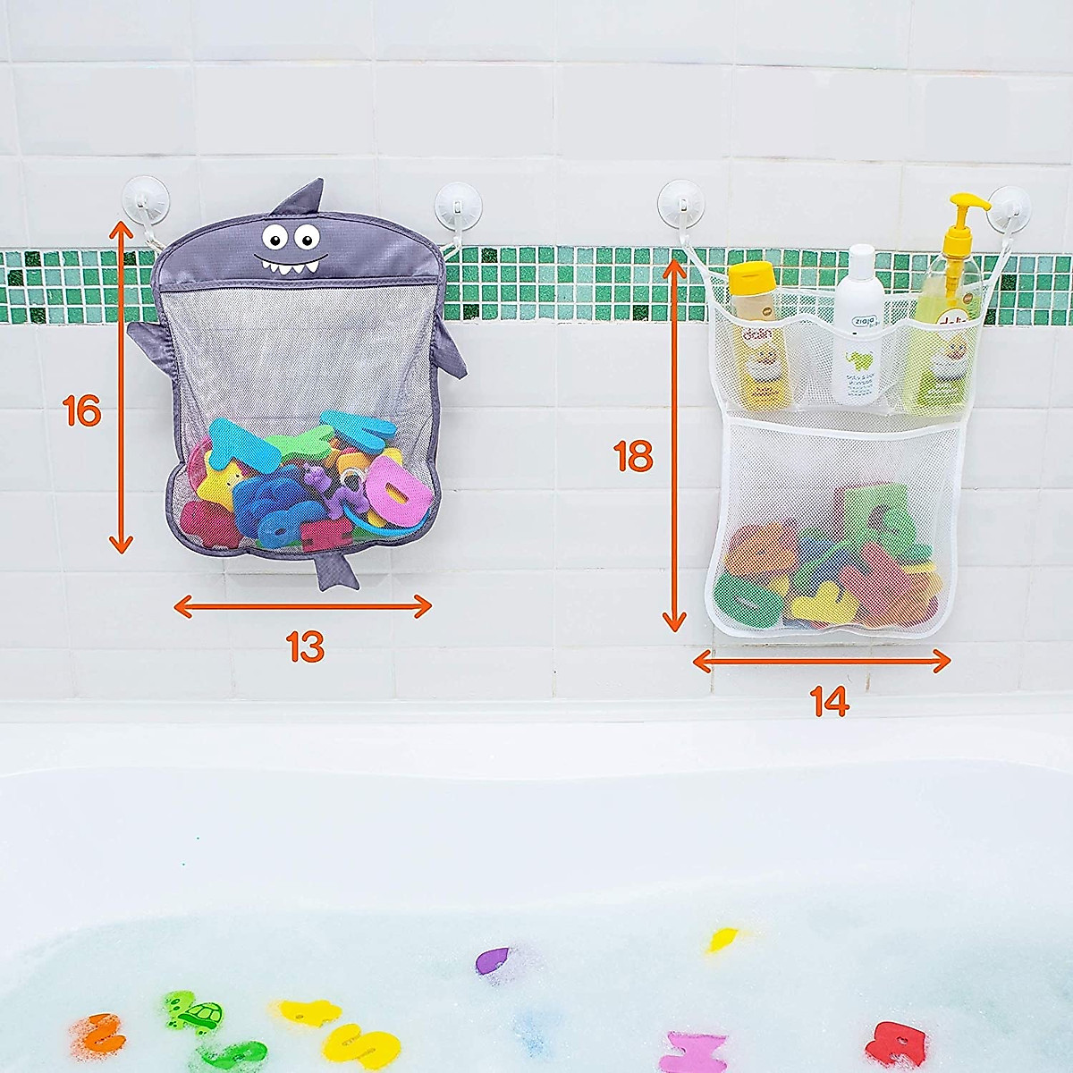 2 x Mesh Bath Toy Organizer + 6 Ultra Strong Hooks – The Perfect Bathtub Toy Holder & Bathroom or Shower Caddy – These Multi-use Net Bags Make Baby Bath Toy Storage Easy – For Kids & Toddlers