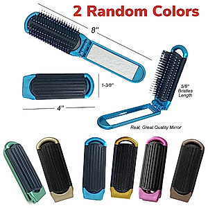 ALAZCO 2 Assorted Colors Folding Hair Brush With Mirror Compact Pocket Size Travel Car Gym Bag Purse Locker Swimming Camping Sleepover Gift and more