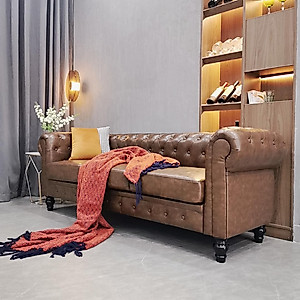 Lunanniu 88.2 Inch Classic Chesterfield Style PU Leather Sofa Rolled Arms Couch with Tufted Back Solid Wood Legs 3-Seater Couch for Living Room Elegant and Timeless Design Comfortable Seating Brown