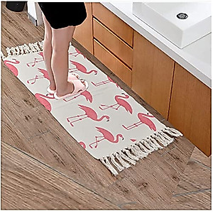 Flamingo Bathroom Rug，2'x3' Red Rugs Runner with Tassels, Small Woven Cotton Kitchen Bath Mat,Throw Rugs for Living Room, Bedroom, Laundry, Kitchen Sink, Doorway, Hallway