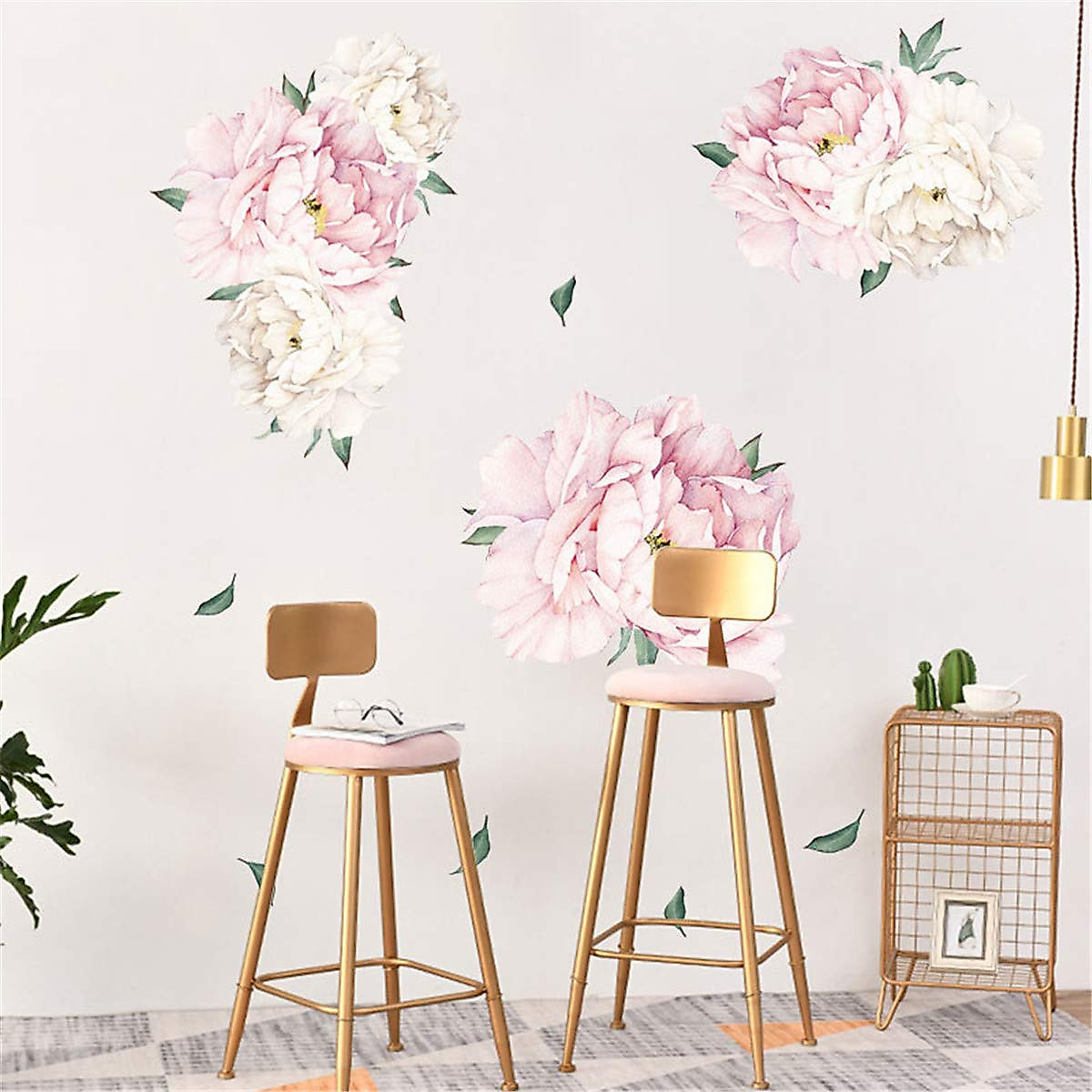 Peony Flowers Wall Sticker Waterproof PVC Rose Flowers Wall Decals Removable Floral Wall Decor Sticker for Living Room Bedroom Nursery Room