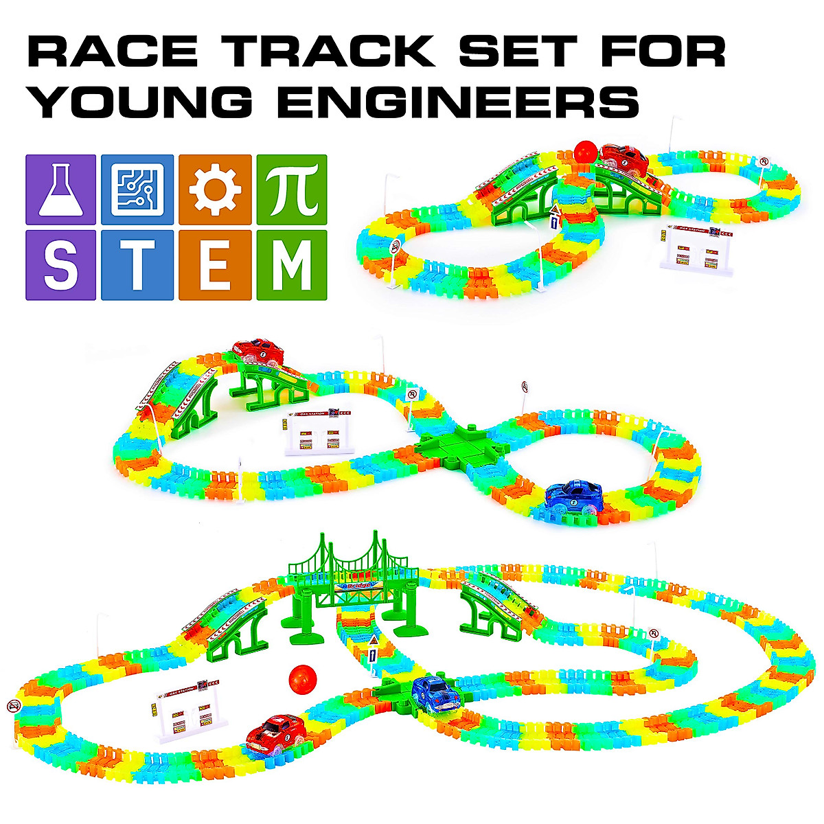 USA Toyz Glow in The Dark Car Race Tracks for Kids- Speedway Race Car Track Set with 360pk Rainbow Flexible Roads, 2 Light Up Toy Cars, Bridges, Ramps, STEM Building Toys for Boys and Girls Ages 3+