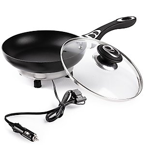 ZONETECH 12V Frying Pan with Glass Lid Portable Non-Stick 7.5-inch Pan Stay-Cool Handles, Rapid Heat Up, Portable, Perfect For Camping, Picnic and more