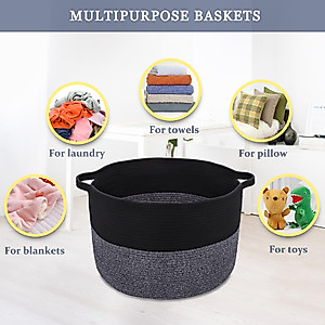 BOSROTY Large Laundry Hamper Basket for Clothes 72L, Nursery Hamper, Blanket Basket, Clothes Basket Laundry, Woven Storage Basket, Toy Basket, Cotton Rope Laundry Basket, 16”x 22”, Black & Gray