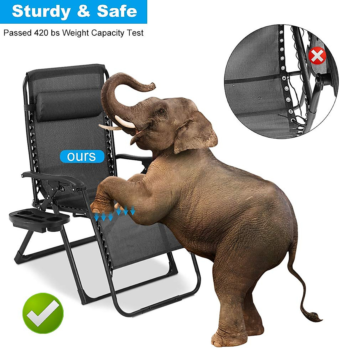 Outdoor Oversized Zero Gravity Chair, XL Adjustable Patio Lounge Recliner Chair with Lumbar Support and Pillow, Folding Recliner for Backyard, Beach, Lawn Pool Deck Camping with Cup Holder, Black