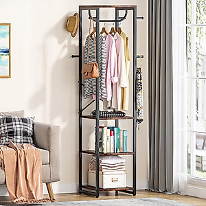 Tribesigns Coat Rack Freestanding with Shelves, Industrial Hall Tree with 4 Shelves and 8 Hooks, Standing Small Clothes Rack Closet Organizer for Entryway, Bedroom