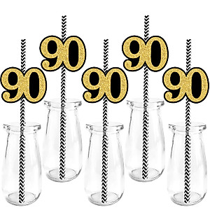 90th Birthday Straw Decor Paper, Set of 24 Gold Glitter Cut-Out Numbers Cheers 90 Years Happy Birthday Anniversary Party Supplies Drinking Decoration