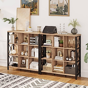FATORRI 9 Cube Storage Bookshelf, Industrial 4 Shelf Book Shelf, Farmhouse Wood and Metal Cubby Bookcase for Home Office (39.37" W, Rustic Oak)