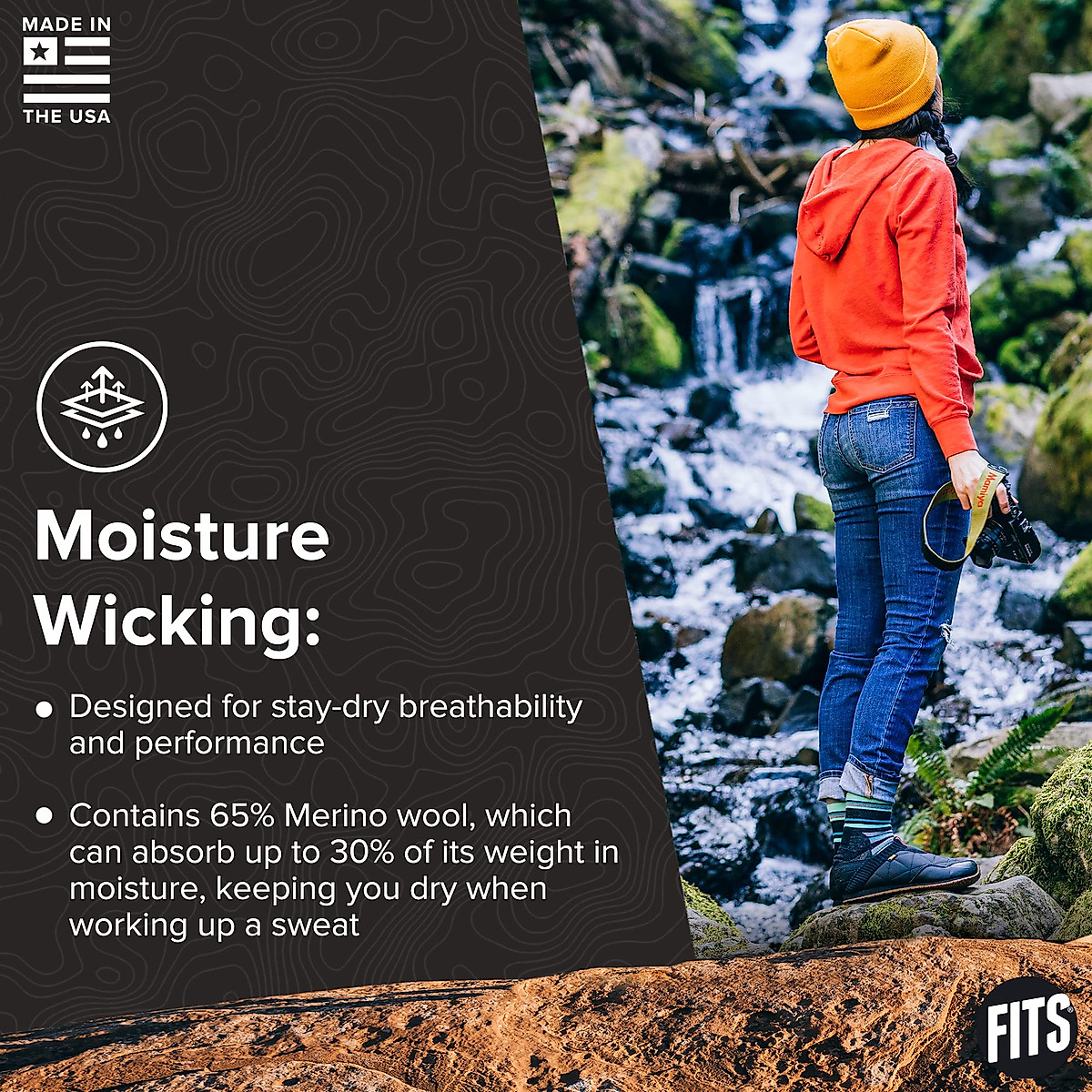 FITS Medium Hiker Crew Sock for Men and Women, Merino Wool, Cushion, Breathable, Odor Resistant, Lightweight Hiking Sock, Coal, X-Large