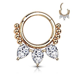 8mm All Surgical Steel 3 Prong Set CZ Beads Precision Hinged Segment Hoop Rings 16g - Rose Gold