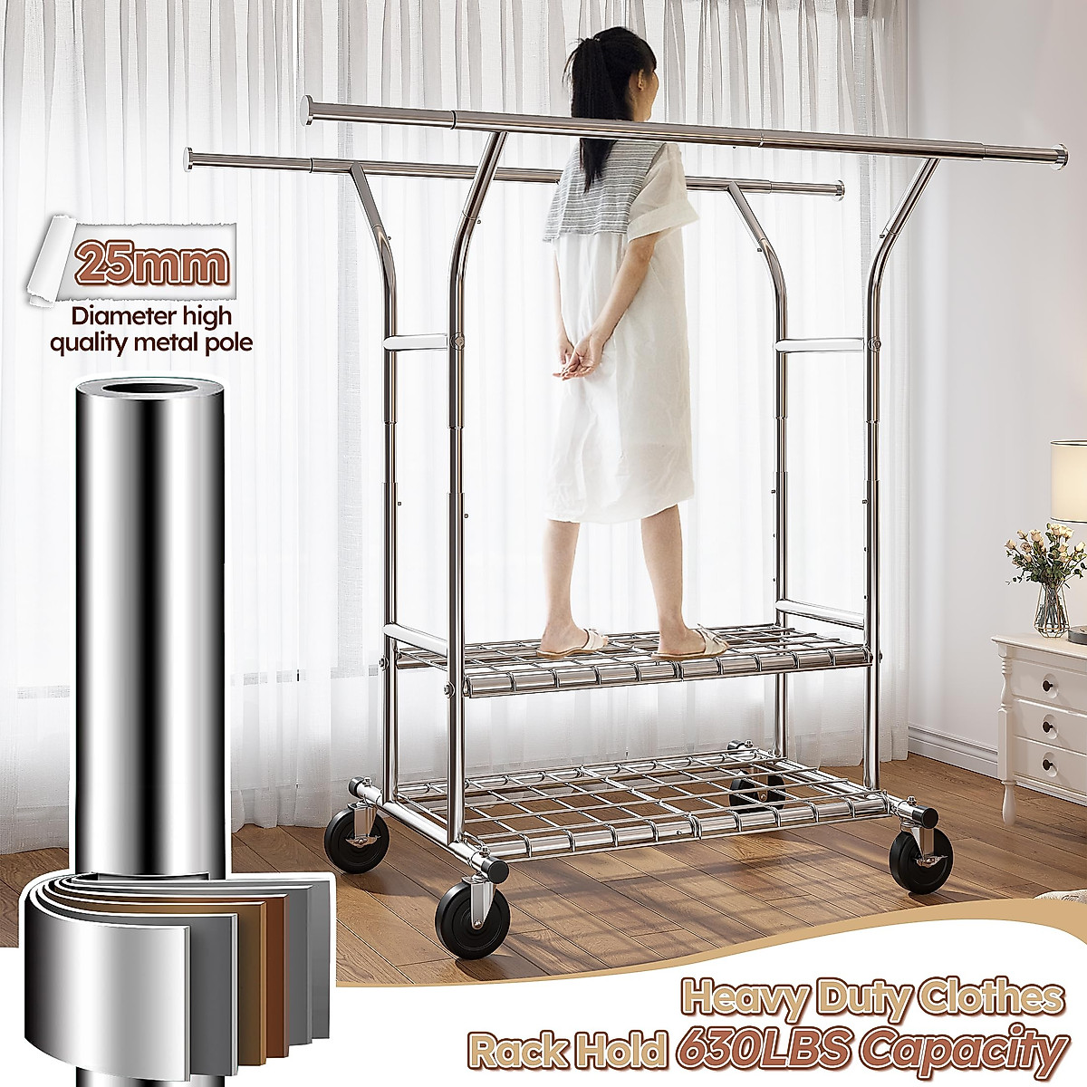 Raybee Clothes Rack Heavy Duty Clothing Rack with Wheels Load 630lbs Clothing Racks for Hanging Clothes Rolling Clothes Rack Adjustable Garment Rack Commercial Portable Clothes Rack 74" Wx 25" Dx70 H