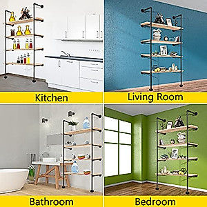 VEVOR Industrial Pipe Shelves 5-Tier Wall Mount Iron Pipe Shelves 2 PCS Pipe Shelving Vintage Black DIY Pipe Bookshelf Each Holds 44lbs Open Kitchen Shelving for Bedroom & Living Room W/Accessories