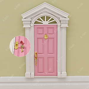 iland Fairy Door for Wall with Dollhouse Accessories, Magical Wooden Elf Door, Tooth Fairy Kit (21pcs Pink)