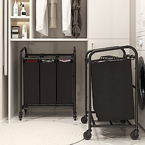 Wisdom Star 3 Bag Laundry Sorter Cart, Laundry Hamper Sorter with Heavy Duty Rolling Wheels and Removable Bags for Clothes Storage,Laundry Organizer Laundry Basket Laundry Clothes Hamper, Black