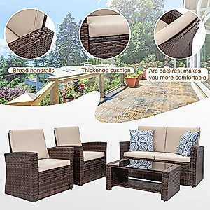 Shintenchi Outdoor Patio Furniture 4 Piece Set, Wicker Rattan Sectional Sofa Couch with Glass Coffee Table | Brown
