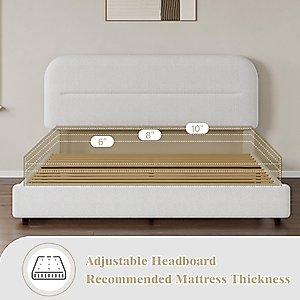 HOMBCK Queen Size Boucle Bed Frame, Upholstered Bed Frame with Headboard, Soft Cloud Bed Frame with Thickened Footboard, Rounded Corners, No Box Spring Needed, Easy Assembly, White