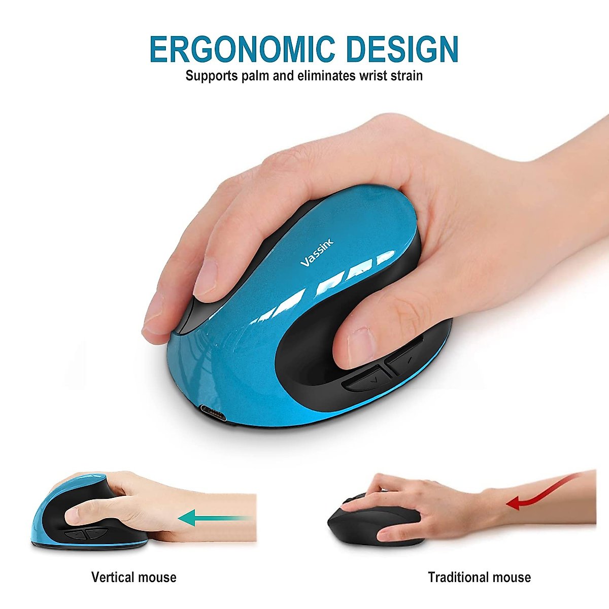 Vassink Ergonomic Mouse, Rechargeable Wireless Mouse Right Handed Small Mouse with 6 Buttons for Laptop,Desktop,PC, MacBook（Blue）