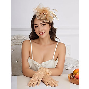 Durzasvo Women's 2PC Fascinator and Lace Glove Wedding Tea Party Kentucky Derby Mesh Flower Feather Fascinators with Headband and Clip Gold