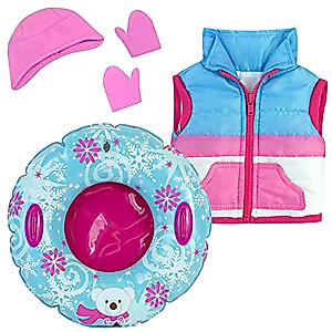 Sophia's 18" Doll 4 pc. Winter Fun Set with Puffy Powder Blue, White, and Hot Pink Striped Vest, Pink Fleece Hat and Mittens, and Polar Bear Snowflake Print Inner Tube