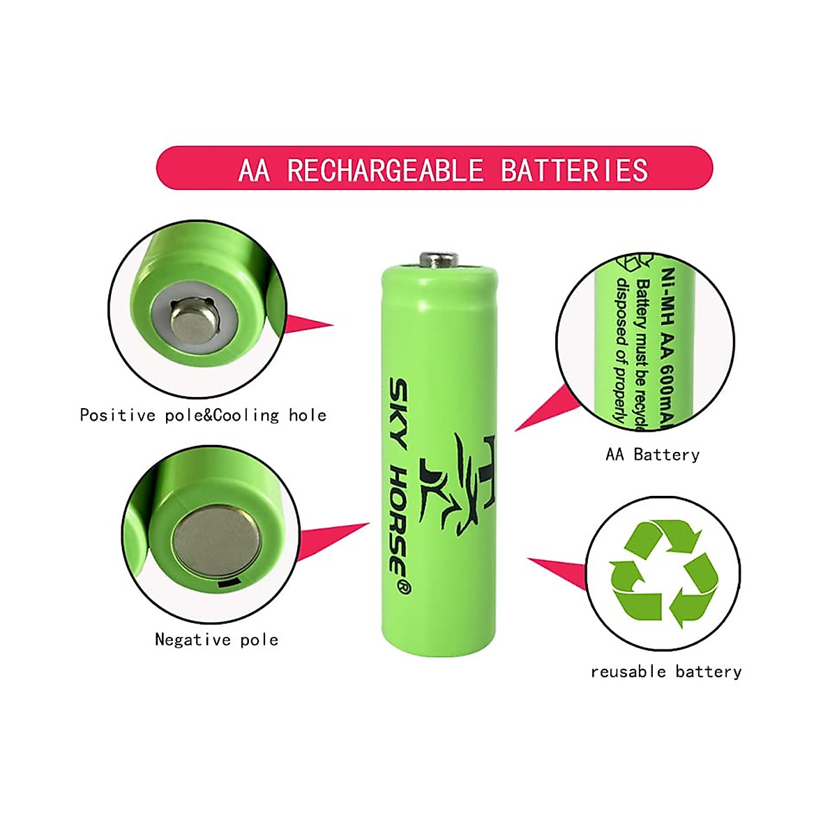 SKY HORSE AA Rechargeable Battery Ni-MH 1.2V 600mAh for Garden Light,Solar Lights,Toys,Remote Control, Mouse(8)…