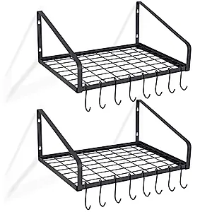 Giikin Hanging Pot Rack Set of 2, Kitchen Wall Mounted Pot and Pan Hanger Rack Organizer, Wall Storage Shelves for Household Utensils and Cookware Holder with 16 S Hooks(Black)