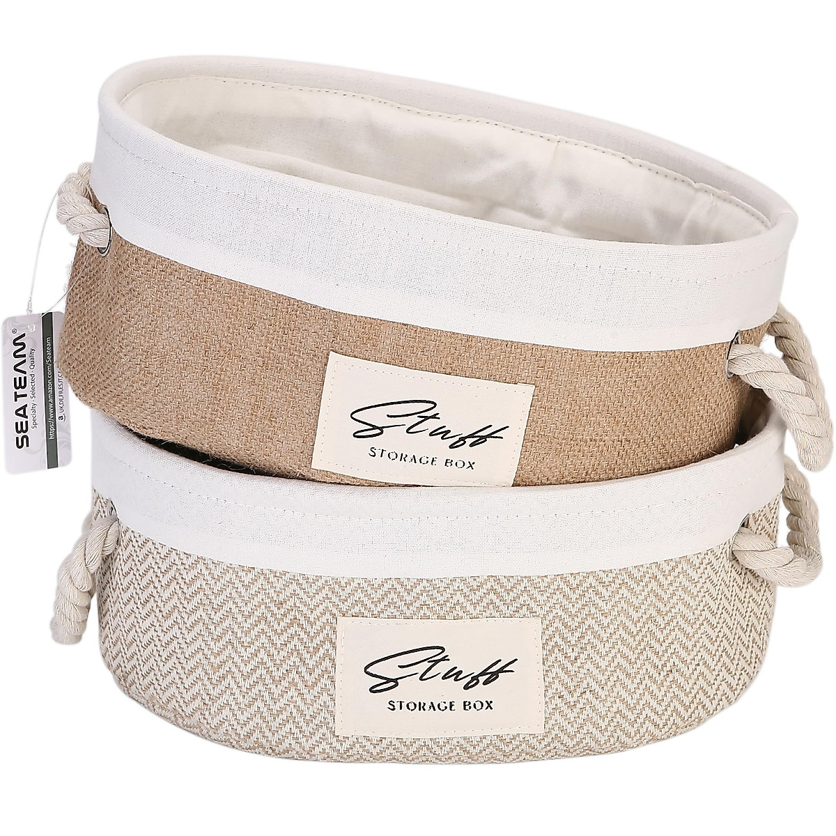Sea Team 2-Pack Small Jute and Canvas Storage Baskets with Cotton Rope Handles - Ideal for Toiletries, Toys, Sundries, Desk Gadgets