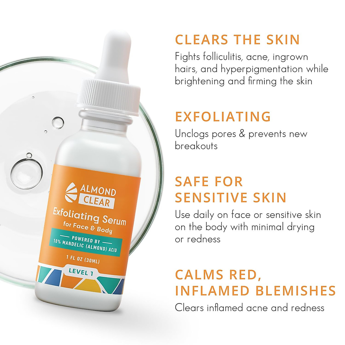 Almond Clear Level 1 Serum | Mandelic Acid Facial Serum for Acne, Folliculitis, Aging Skin, Ingrown Hairs, Dark Spots on Face, Chest, Butt, Back, Thighs, Arms | 1oz