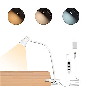 ALAMPEVER LED Clip Desk Lamp,3 Color Modes Book Light,10-Level Adjustable Brightness Dimmer Desk Lamp with Adapter, CRI 90+ Eye Protection Clip on Desk Light with 2700-6500K USB Clamp Light-White