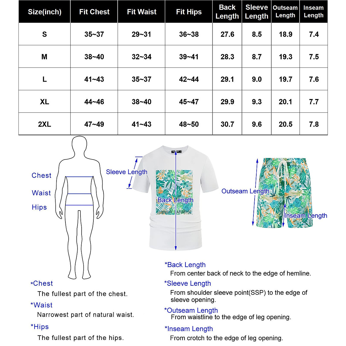 PJ PAUL JONES Men's Fashion Hawaiian Shirt and Short Sets 2 Piece Outfits Short Sleeve Floral Print Beach Set Blue L