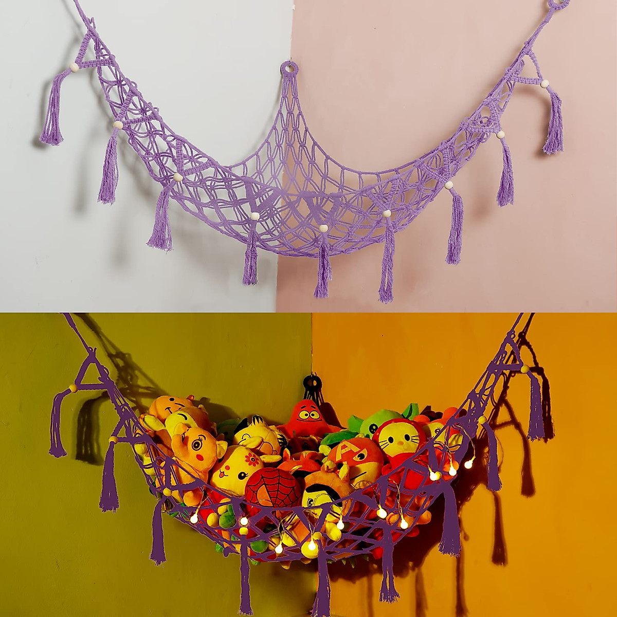 KOHUIJOO Stuffed Animal Net or Hammock Macrame Toy Hammock for Stuffed Animals With Lights Plush Toy Storage Hammock Corner Hanging Mesh Net Boho Nursery Organizer for Kidroom Playroom Purple