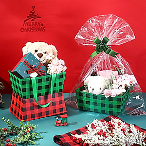 Skyygemm 12 Pcs Christmas Basket for Gifts Empty Kit 9.8 x 6.5'', Gift Basket Empty to Fill Bulk with Handles Plastic Basket Bags Pull Bows Twists for Holiday Xmas Party Wrapping
