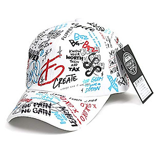 Flipper Designer Graffiti Doodle Cotton Baseball Cap for Men Women, Kpop Hat w/Curve Brim (White/Multi, Free Size)