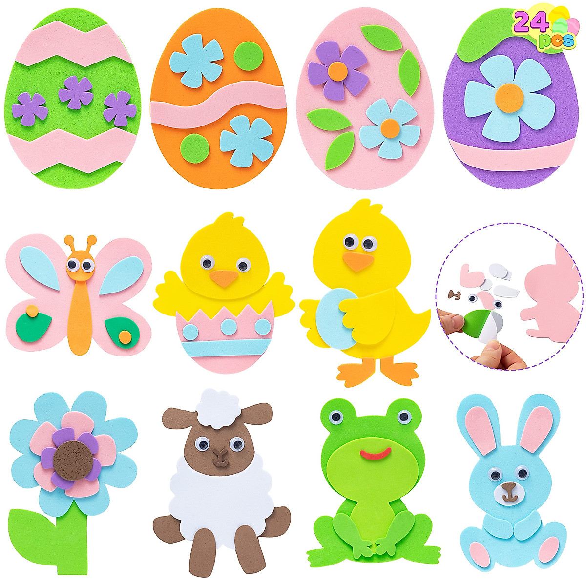 JOYIN 24 Pcs Foam Easter Egg Magnet Craft Kit, Easter Craft Kits DIY Animal and Egg Magnet Set for Kids Favor Classroom Homeschool Art Decor, Art and Craft Supplies Party Favors