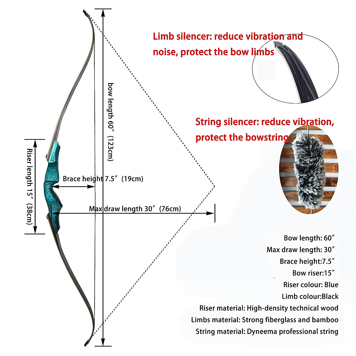 Black Hunter Takedown Recurve Bows for Adults Archery Bow Set Hunting Bow 60" 20-60 lbs Right Hand Wooden Riser with Arm Guard and Finger Guard for Outdoor Shooting Hunting Competition (45 lbs)