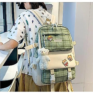 Sanley 5Pcs Kawaii Backpack Set with Cute Bear Accessories Backpack Casual Backpack Travel Backpack Cute Backpack(01-Green Backpack)