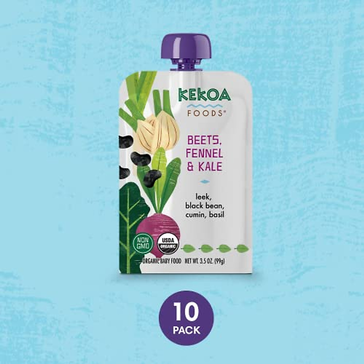 Kekoa Foods Beets, Fennel & Kale Baby Food Purée | 100% USDA Certified-Organic, No Sugar Added | Organic, Non-GMO, Gluten-Free, Vegan | Nutrient-Rich Blend with Leeks & Black Beans | 3.5 oz Squeeze Pouch