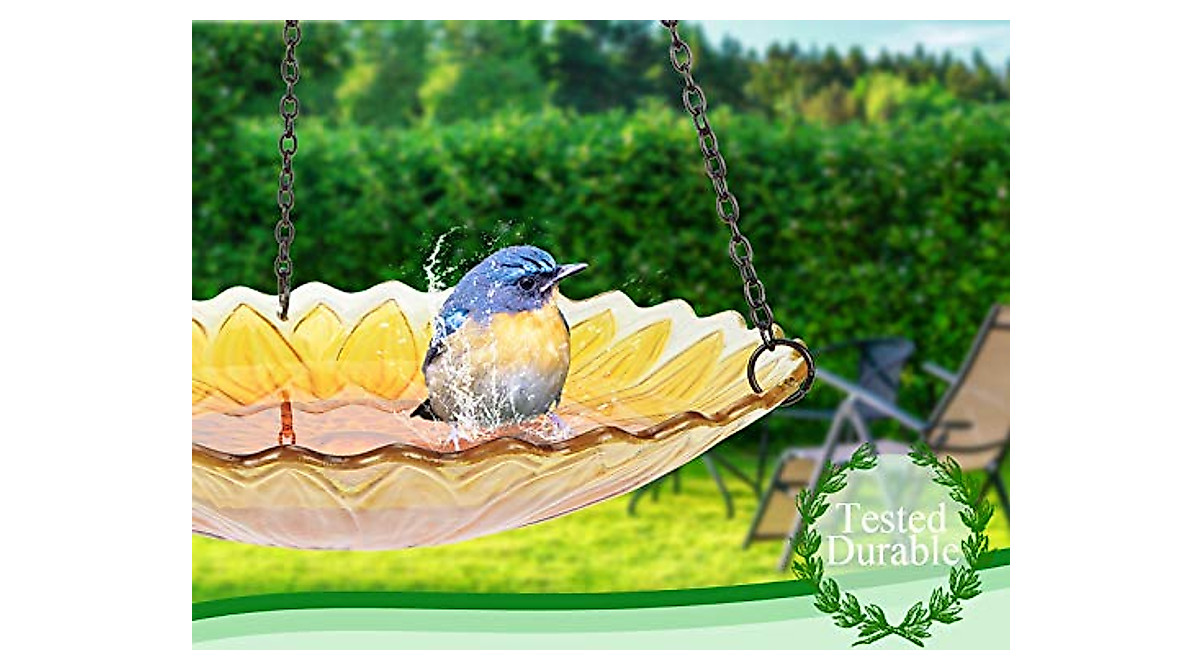 MUMTOP Hanging Bird Bath - Outdoor Glass Bird Feeder & Water Ripple Rim