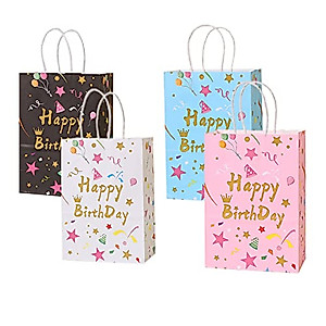 YYaaloa 28pcs Small Gift Bags with Handle Bulk 4 styles Birthday Star Print Party Favor Paper Shopping Bags for Kids Birthday Xmas Party Supplies Retail Bags (Birthday, Small 28pcs)