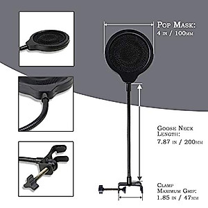 YOUSHARES Pop Filter - 4 Inch 3 Layers Metal Windscreen with Flexible 360° Gooseneck Clip Mic Mask Shield Compatible with Shure MV7 Mic