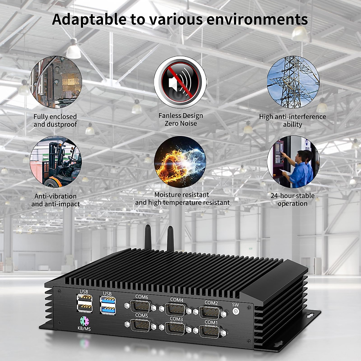 Kinupute Fanless Industrial PC, Mini Desktop Computer i7-7510U, Windows 10 Pro, 16G DDR4, 256G Msata SSD, Dual 2.5G LAN, 6xCOM RS232/RS485, HDMI/VGA, WiFi 5/BT4.0, Auto Power On, Full Metal Case